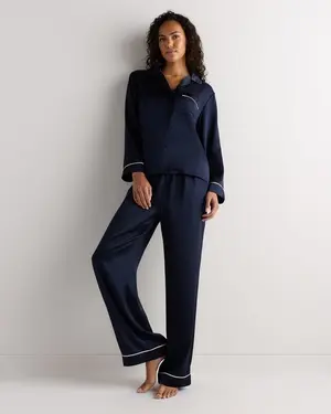 Quince Satin Pajama Long Sleeve Top - Deep Navy