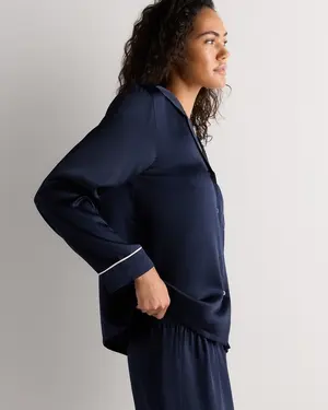 Quince Satin Pajama Long Sleeve Top - Deep Navy