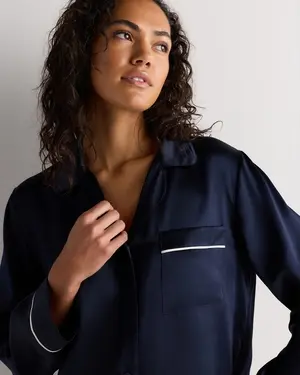Quince Satin Pajama Long Sleeve Top - Deep Navy