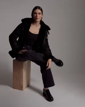 Quince Shearling Cold Weather Bomber Jacket - Black