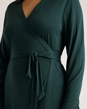 Quince 100% Silk Jersey Midi Wrap Dress - Evergreen
