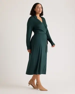 Quince 100% Silk Jersey Midi Wrap Dress - Evergreen