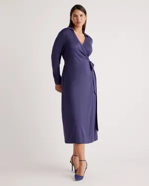 Quince 100% Silk Jersey Midi Wrap Dress - Navy