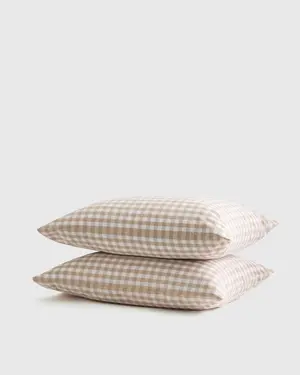 Quince Organic Crisp Percale Pillowcase Set Cafe Gingham