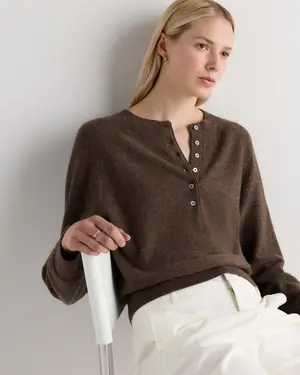 Quince Mongolian Cashmere Dolman Sleeve Henley Sweater - Brown