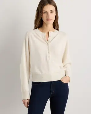 Quince Mongolian Cashmere Dolman Sleeve Henley Jumper - Ivory