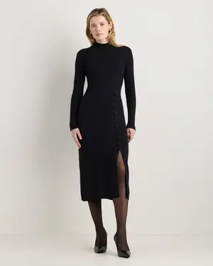 Quince Cotton Cashmere High Neck Midi Dress With Side Slit - Black