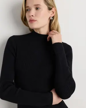 Quince Cotton Cashmere High Neck Midi Dress With Side Slit - Black