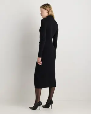 Quince Cotton Cashmere High Neck Midi Dress With Side Slit - Black