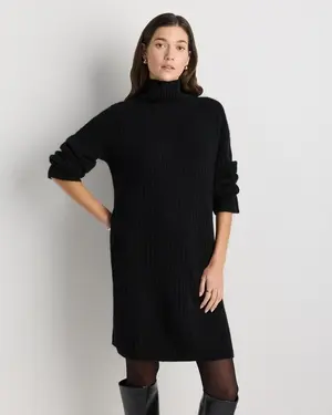 Quince Mongolian Cashmere Ribbed Turtleneck Mini Dress - Black
