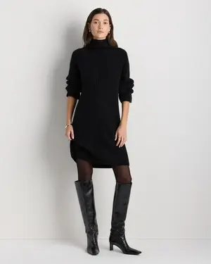 Quince Mongolian Cashmere Ribbed Turtleneck Mini Dress - Black