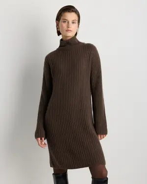 Quince Mongolian Cashmere Ribbed Turtleneck Mini Dress - Brown
