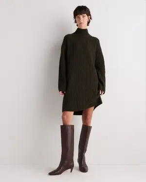 Quince Mongolian Cashmere Ribbed Turtleneck Mini Dress - Olive Twist