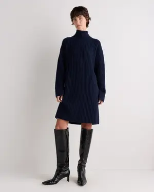 Quince Mongolian Cashmere Ribbed Turtleneck Mini Dress - True Navy