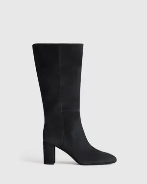 Quince Italian Suede Block Heel Boots - Black