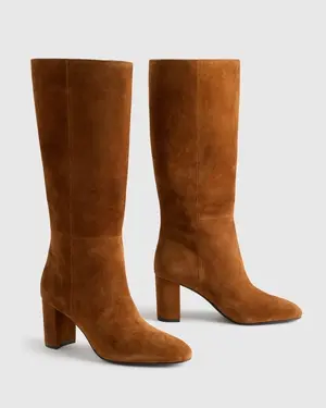 Quince Italian Suede Block Heel Boots - Cognac