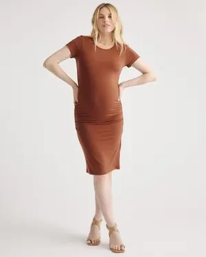 Quince Tencel Jersey Maternity Ruched Midi Dress - Brown