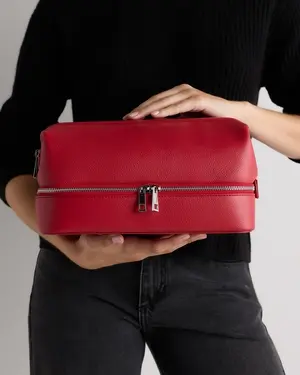 Quince Italian Leather Dual Compartment Toiletry Bag - Ruby Red