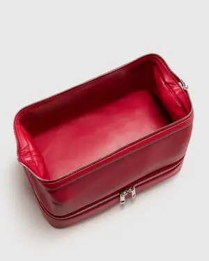 Quince Italian Leather Dual Compartment Toiletry Bag - Ruby Red
