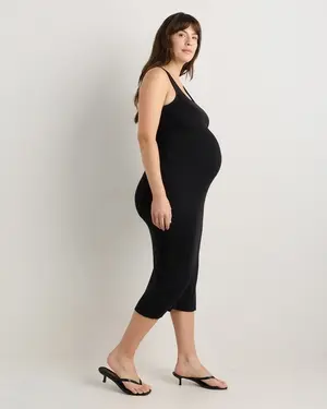 Quince Cotton Cashmere Maternity Fitted Midi Dress - Black