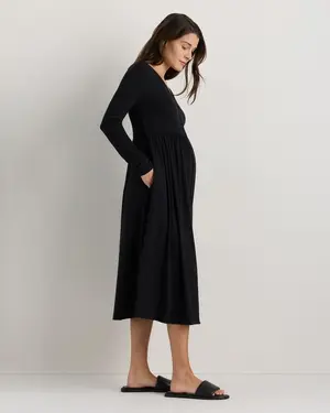 Quince Bamboo Rib Maternity Long Sleeve Button Front Midi Dress - Bold Black