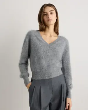 Quince Brushed Cashmere Shrunken V-neck Sweater - Heather Grey