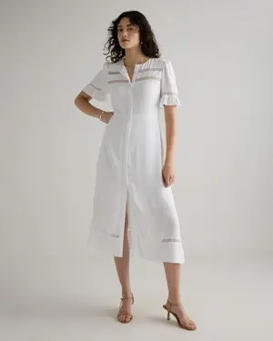 Quince Lightweight Crepe Lace Inset Midi Dress - Ivory