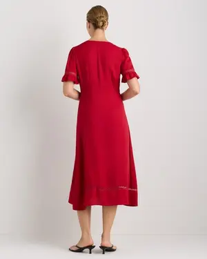 Quince Crepe Lace Inset Midi Dress - Ruby Red