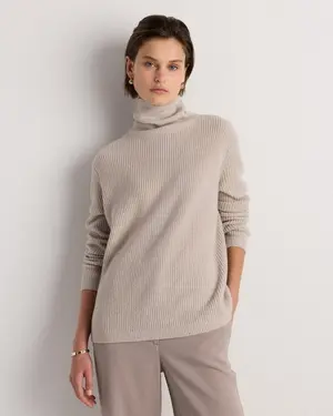 Quince Mongolian Cashmere Fisherman Turtleneck Sweater - Heather Cloud Beige