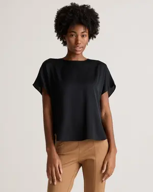 Quince Washable Stretch Silk Split Hem T-shirt - Black