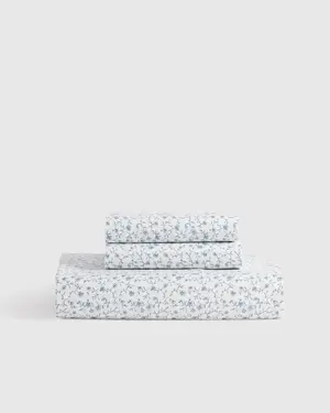 Quince Organic Crisp Percale Floral Fitted Sheet Set Blue Florette