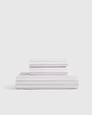 Quince Signature Giza Cotton Sateen Embroidered Fitted Sheet Set White/toffee