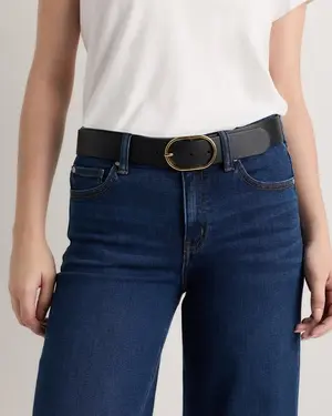 Quince Cleo Oval European Leather Belt With Gold Tone Buckle Black