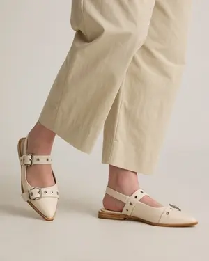 Quince Italian Leather Bold Buckle Slingback Flat - Bone