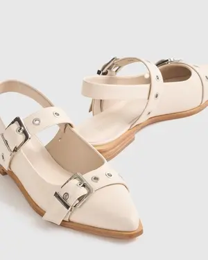 Quince Italian Leather Bold Buckle Slingback Flat - Bone