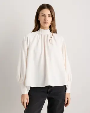 Quince Drapey Chiffon Mock Neck Long Sleeve Blouse - Ivory