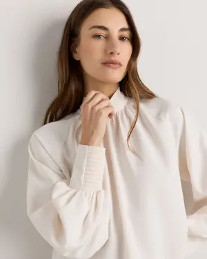 Quince Drapey Chiffon Mock Neck Long Sleeve Blouse - Ivory