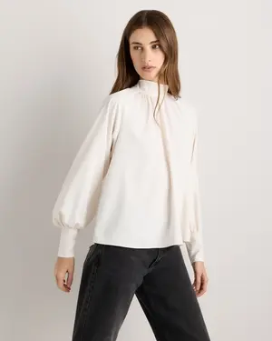Quince Drapey Chiffon Mock Neck Long Sleeve Blouse - Ivory