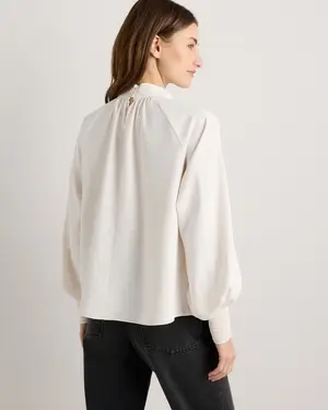 Quince Drapey Chiffon Mock Neck Long Sleeve Blouse - Ivory