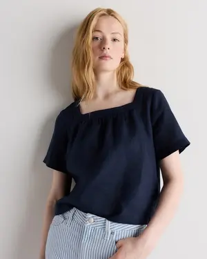 Quince 100% European Linen Square Neck Top - Deep Navy