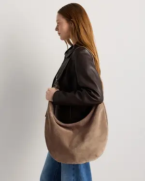 Quince Italian Suede Crescent Shoulder Bag - Pebble