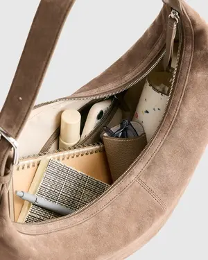 Quince Italian Suede Crescent Shoulder Bag - Pebble