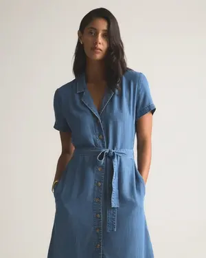 Quince Chambray Tencel Button Front Shirt Dress - Medium Indigo