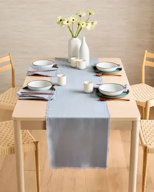 Quince European Linen Fringe Table Runner Blue Fog