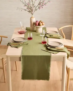 Quince European Linen Fringe Table Runner - Olive