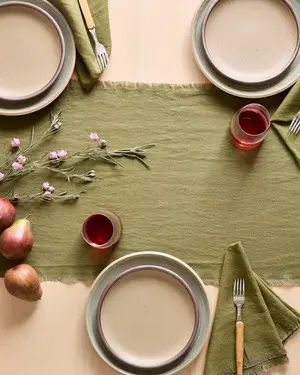 Quince European Linen Fringe Table Runner - Olive