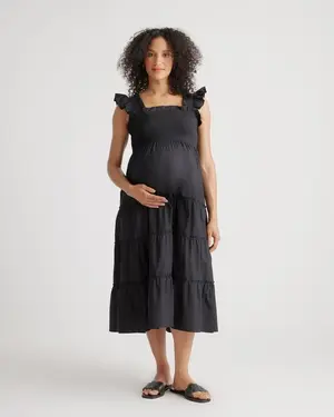 Quince Poplin Maternity Smocked Midi Dress - Black