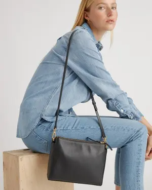 Quince Italian Leather Triple Compartment Crossbody - Black