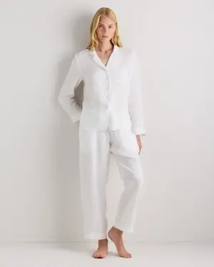 Quince 100% European Linen Long Sleeve Pajama Set With Piping - White