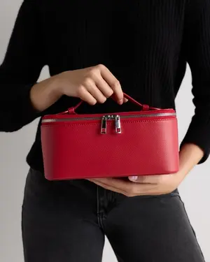 Quince Italian Leather Travel Cosmetic Case - Ruby Red